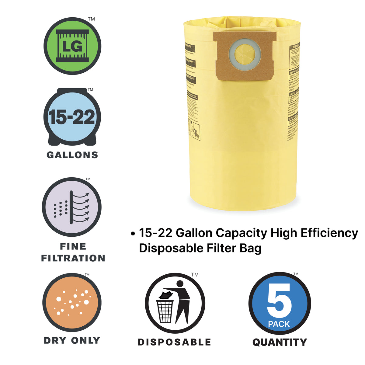 Shop-Vac 15-22 Gallon High Efficiency Disposable Filter Bags (5 pack ...