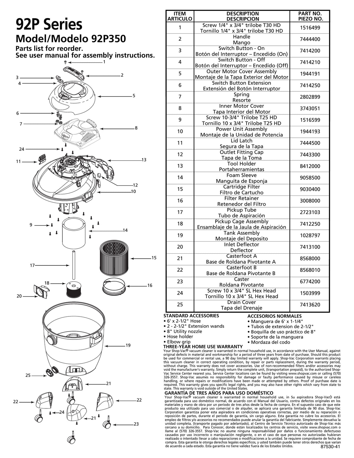 Shop-Vac Parts List for 92P350 Models (12 Gallon* Red / Black Pump Vac ...