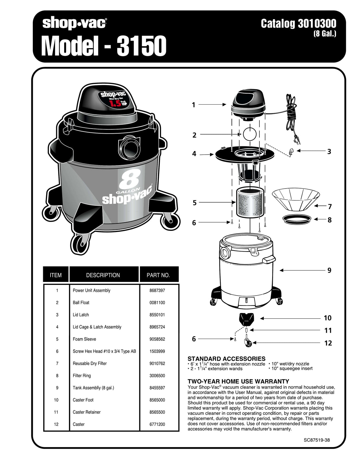 Shop-Vac Parts List for 3150 Models (8 Gallon* Vac) | Shop-Vac Store