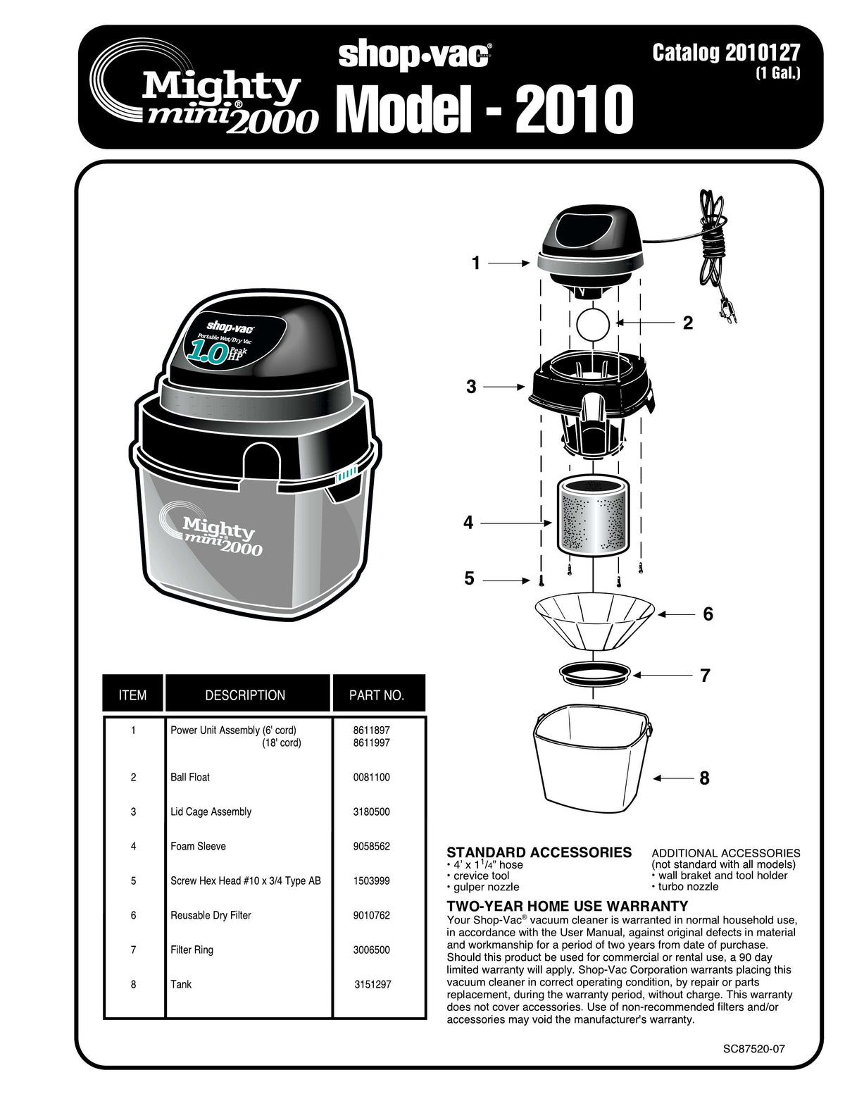 Shop-Vac Parts List for 2010 Models (1 Gallon* Mighty Mini®) | Shop-Vac ...