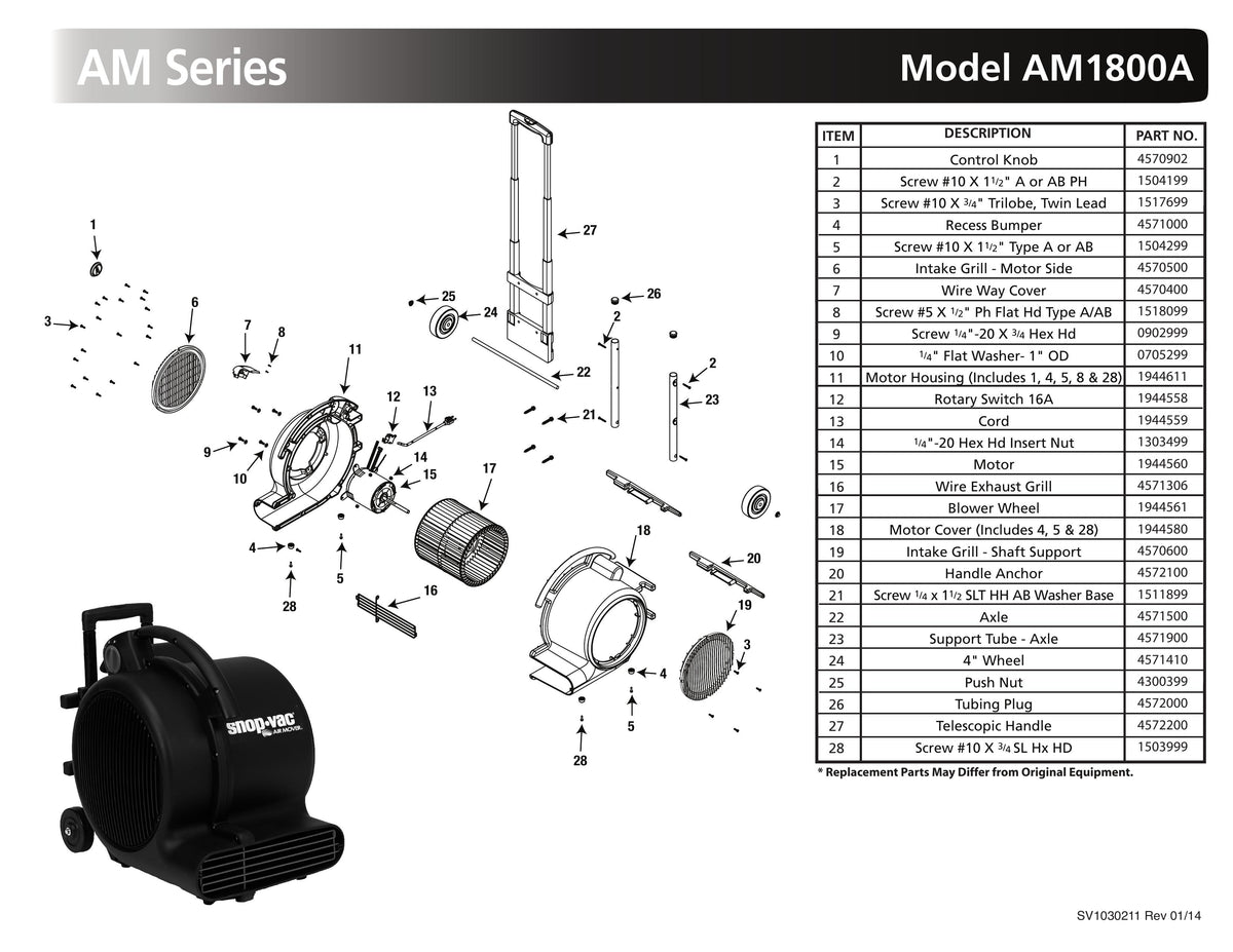 Shop-Vac Parts List for AM1800A Models (1800 Max. CFM Air Mover) | Shop ...