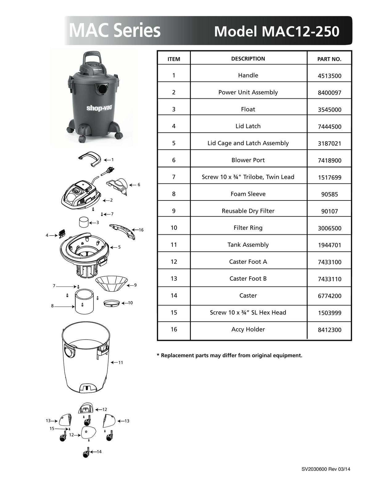Shop-Vac Parts List for MAC12-250 Models (6 Gallon* Black Vac) | Shop ...