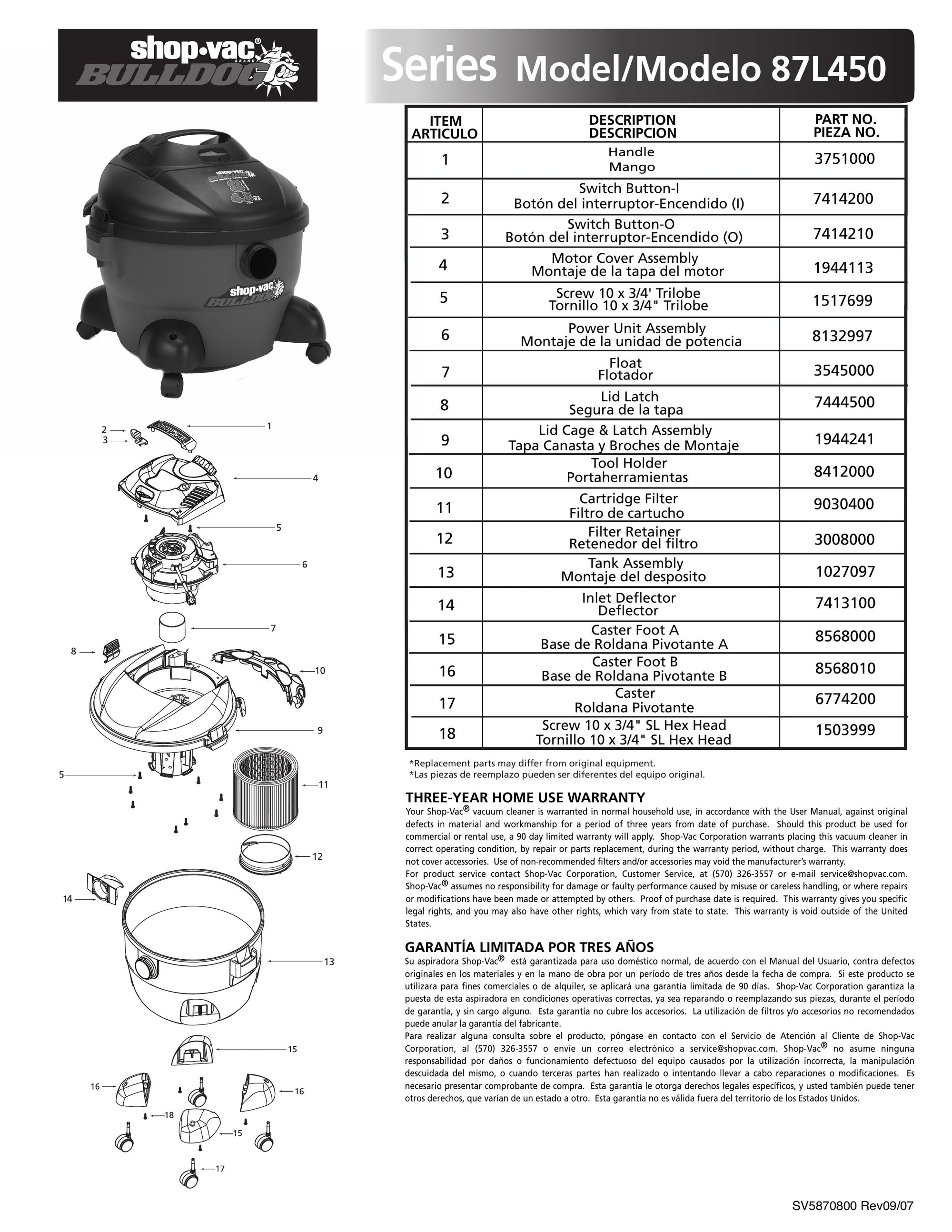 Shop-Vac Parts List for 87L450 Models (8 Gallon* Red / Black Bulldog ...