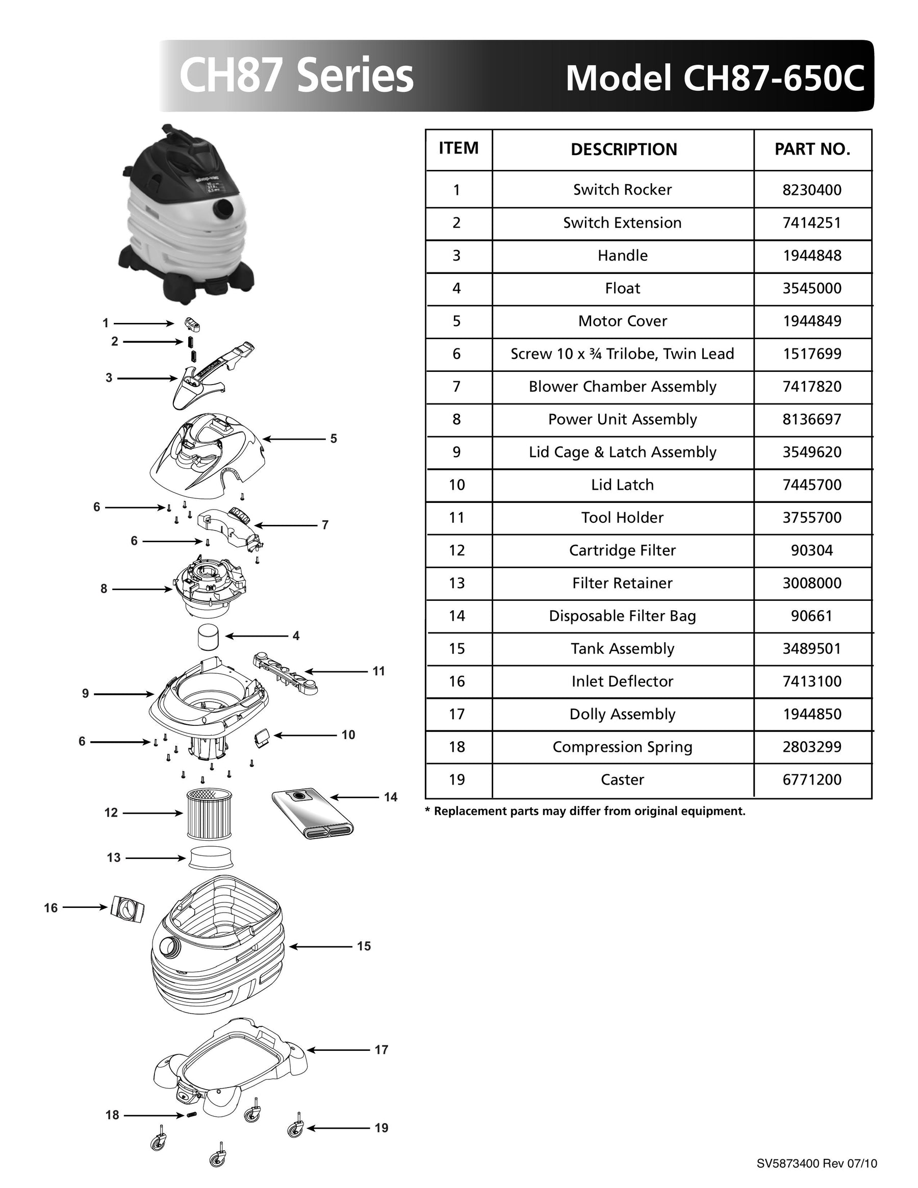 Shop-Vac Parts List for CH87-650C Models (10 Gallon* Yellow / Black Va ...