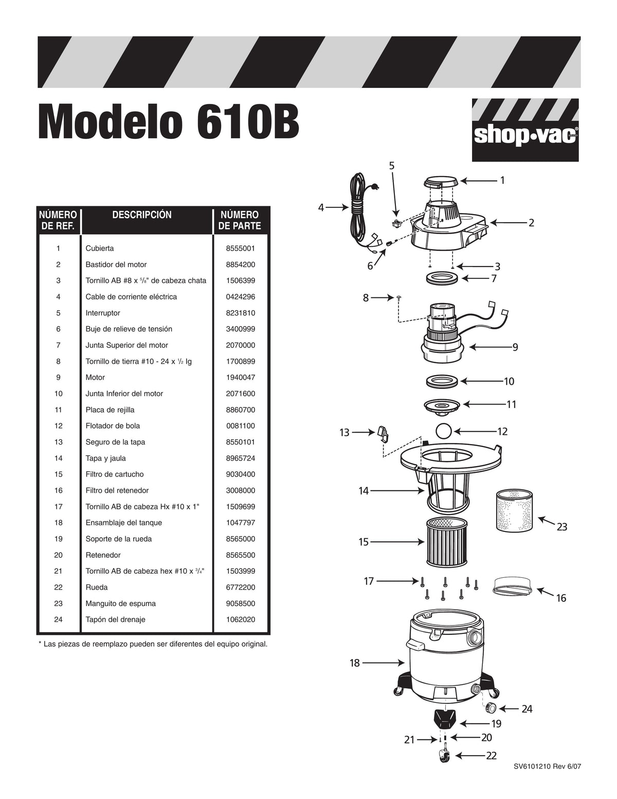 Shop-Vac Parts List for 610B Models (12 Gallon* Black / Yellow Vac ...