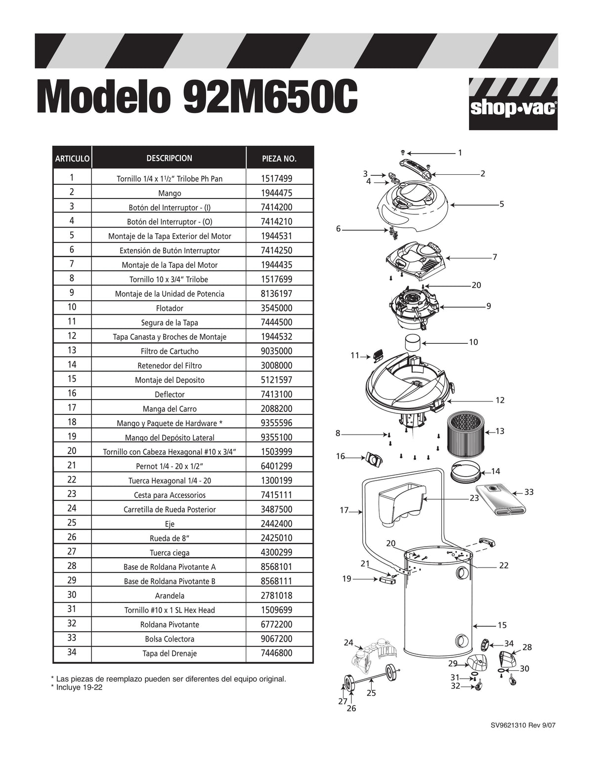 Shop-Vac Parts List for 92M650C Models (12 Gallon* Black / Stainless S ...