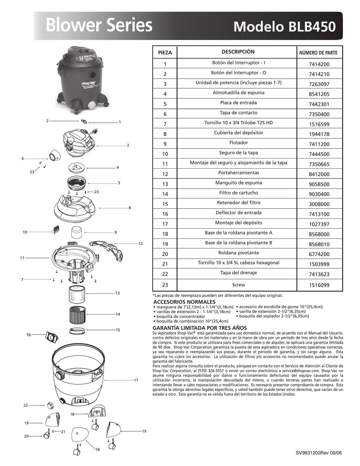 Shop-Vac Parts List for BLB450 Models (12 Gallon* Green / Black Blower ...