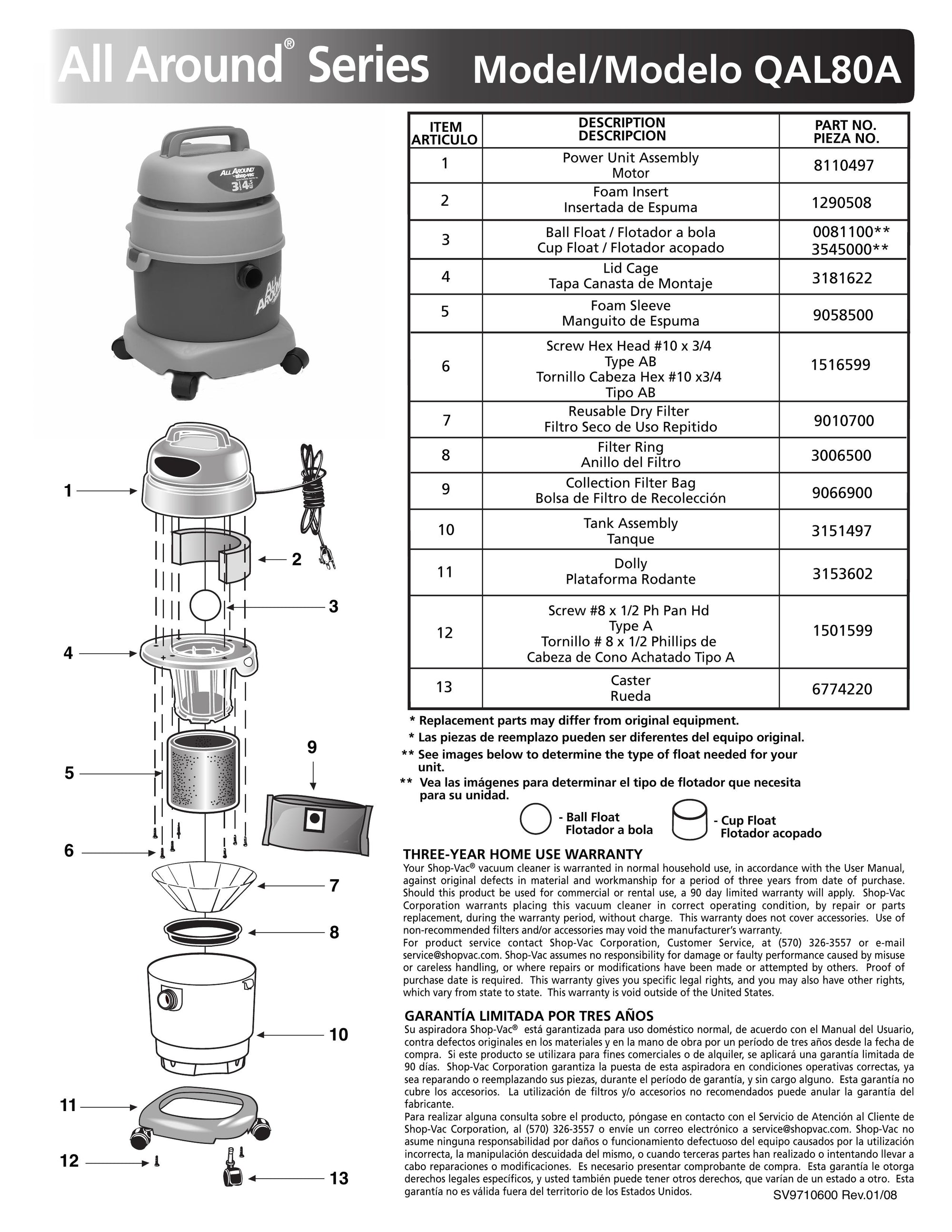 Shop-Vac Parts List for QAL80A Models (3 Gallon* Blue / Gray AllAround ...
