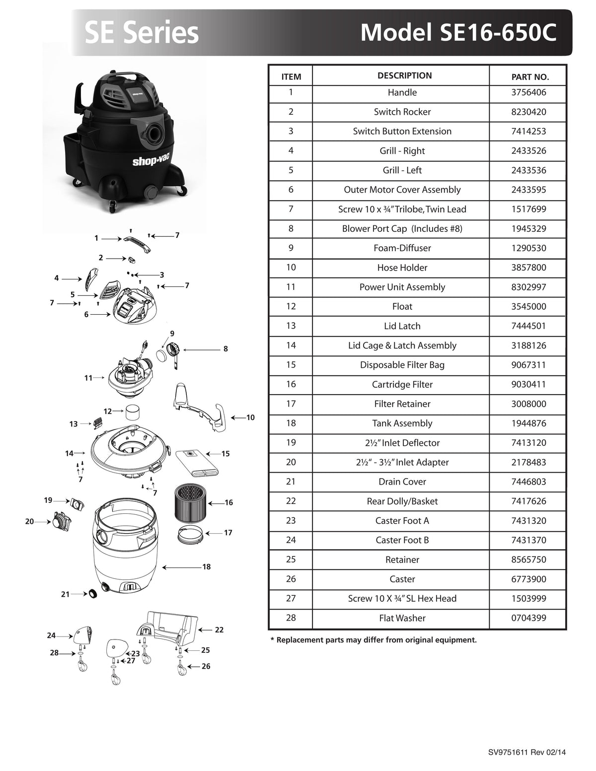 Shop-Vac Parts List for SE16-650C Models (16 Gallon* Black / Red Vac ...